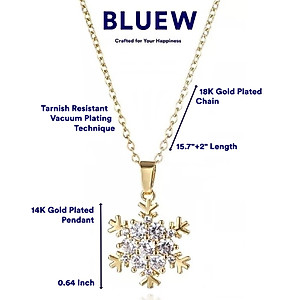 BLUEW Snowflake Pendant Necklace, Gold Plated Stainless Steel Dainty Handmade Jewelry for Women, Sparkly Cubic Zirconia, Diamond Crystal, Stylish Design, Delicate - Gift for Her