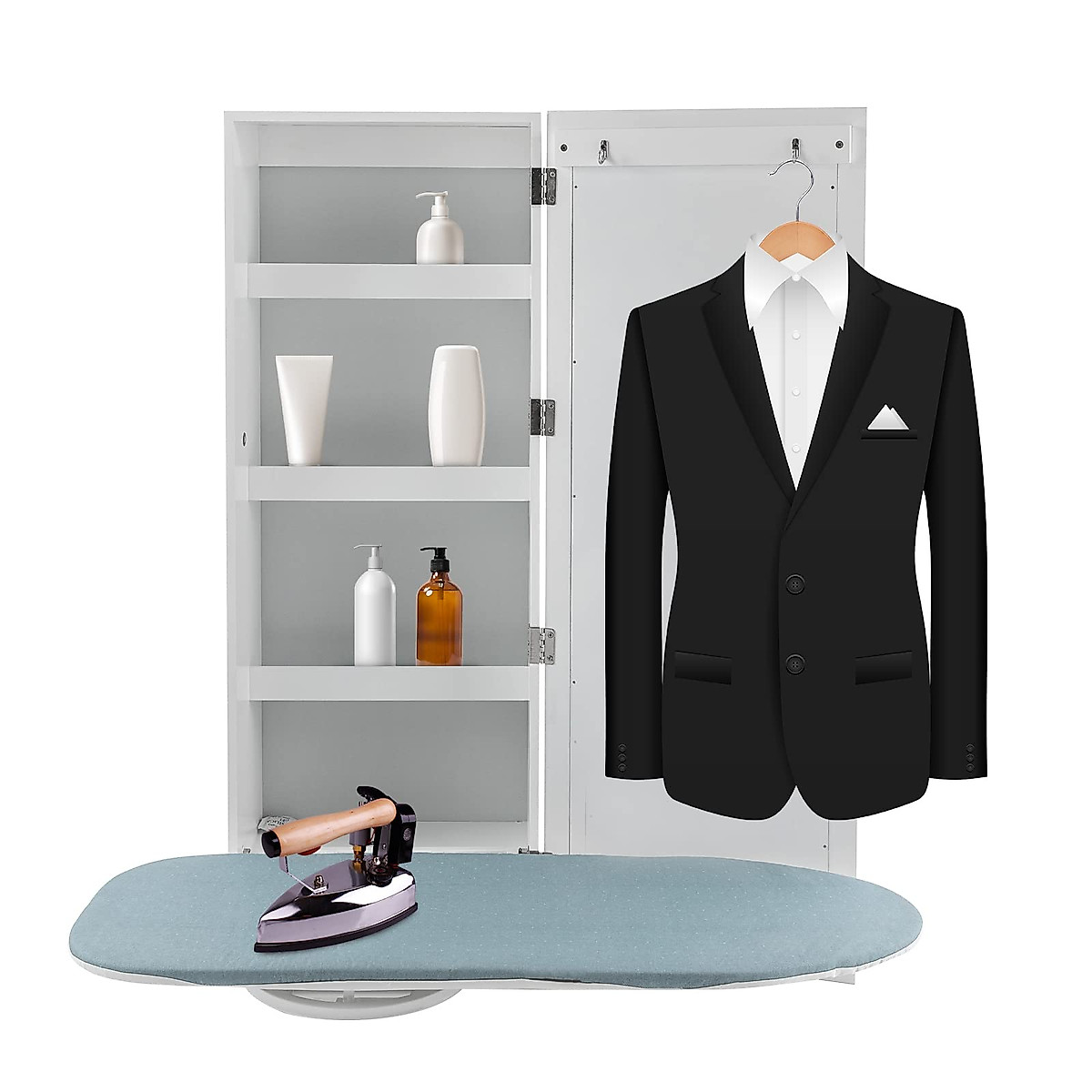 Wall Mount Ironing Board Cabinet, Built-in Swivel Ironing Board Foldable with Storage, Wall Hanging with Mirror, White