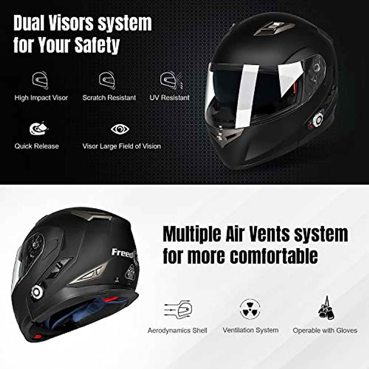 FreedConn Motorcycle Bluetooth Helmet,Bluetooth Integrated Modular Flip up Full Face Motorcycle Helmet,Dual Visor Modular Bluetooth Helmet,DOT Approved Helmets with Gloves(Matte Black,Large)