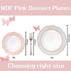 WDF 60pcs Pink Dessert Plates - 7.5inch Baroque Pink &Gold Disposable Dessert/Salad Plates for Upscale Parties &Wedding-Special for Bridal Shower &Tea Party