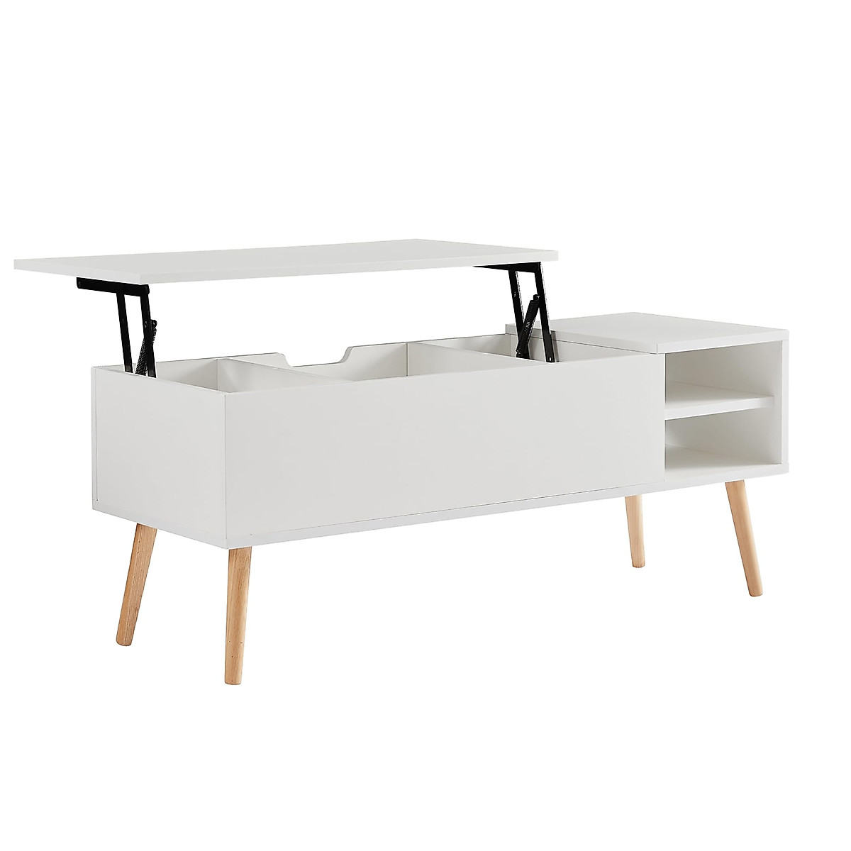 JZXSHD White Wood Lift Top Coffee Table with Hidden Compartment and Adjustable Storage Shelf, Solid Wood Legs Coffee Table with Open Storage Shelf for Home Living Room, Office