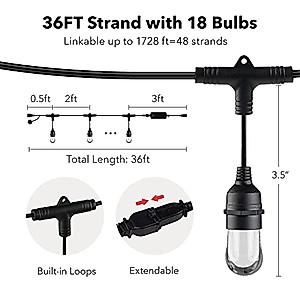 HBN Color Changing String Lights 36ft Smart LED String Lights Outdoor RGBW Patio String Lights Waterproof IP65, 2.4 GHz Wi-Fi&Bluetooth App Control 18 Acrylic Bulbs Work with Alexa Google