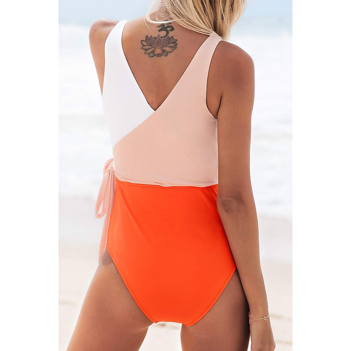 CUPSHE Women's Orange White Bowknot Bathing Suit Padded One Piece Swimsuit, M