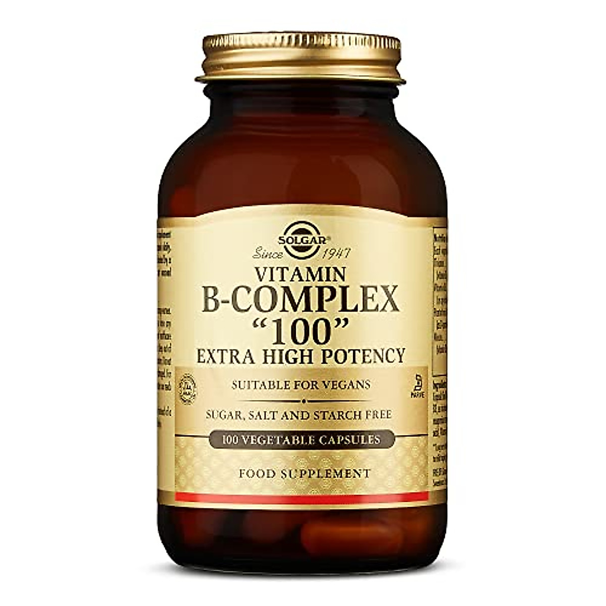 Solgar B-Complex "100", 100 Vegetable Capsules - Heart Health - Nervous System Support - Supports Energy Metabolism - Non GMO, Vegan, Gluten/ Dairy Free, Kosher, Halal - 100 Servings