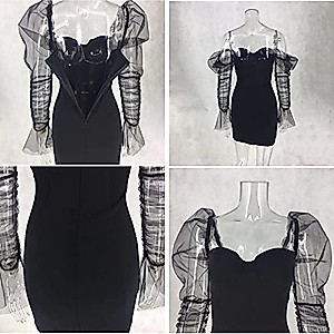 Uni Clau Women Sexy Mesh Sheer Puff Long Sleeve Mini Dress Bodycon Deep V Neck Patchwork Party Clubwear Dress Black 2XL