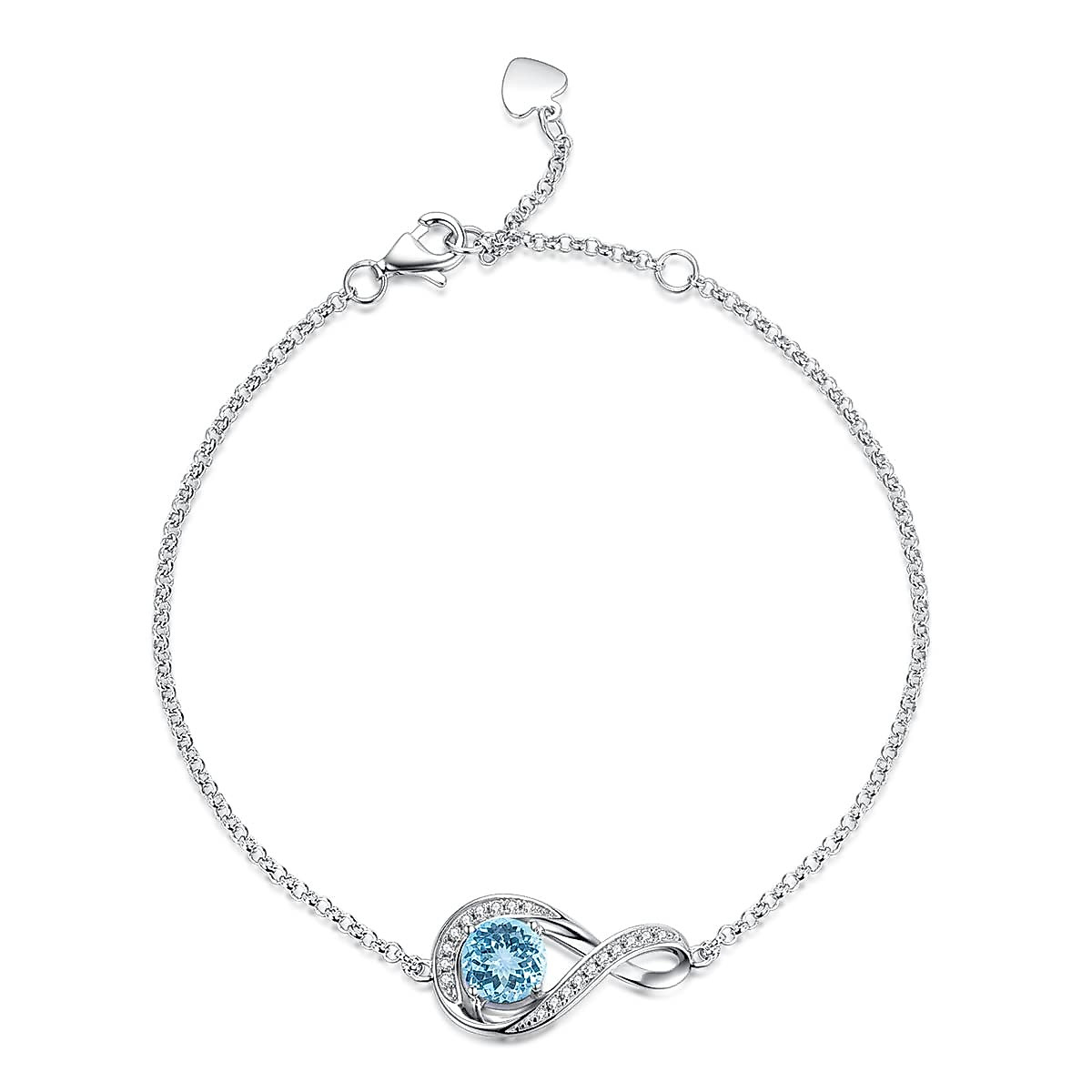 Gemlanto 925 Sterling Silver Bracelet Infinity Created Aquamarine March Birthstone Link Bracelets for Women Girls Danity Simple Graduation Birthday Anniversary Jewelry Gifts for Her Mom, Adjustable Chain 6.7+0.6+0.6 inch