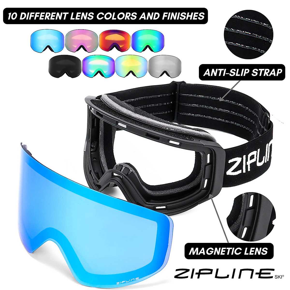 Zipline Podium XT Ski Goggles - No Fog Magnetic Lenses (Black Frame, Gray Lens/Ice Blue Finish)