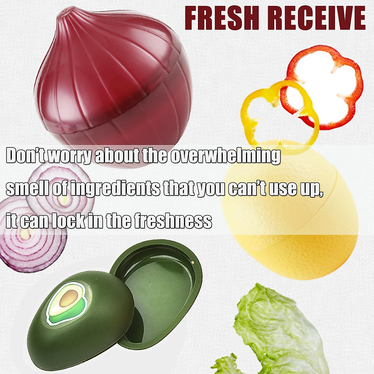 7PCS Fresh Food Savers Avocado Lemon Tomatoes Pepper Onion Garlic Shape Crisper Containers,Food Storage Containers with Lids,Reuseable Vegetable Fruits Sealing Box Fresh Bowls for Refrigerators