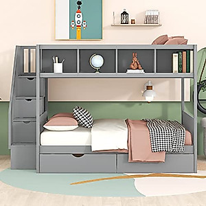 BIADNBZ Stairway Twin Over Full Bunk Bed with Stairs Storage, 2 Drawers and Shelf, Wooden Bunkbed for Kids Teens Adults Bedroom, Gray