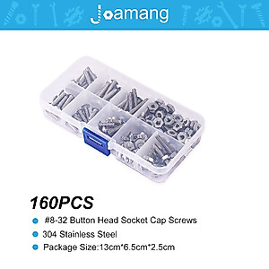 160PCS #8-32 UNC Stainless Steel Button Head Socket Cap Screws Bolts, Nuts Assortment Kit, Includes 8 Most Common Sizes (#8-32×3/4", 7/8", 1", 5/8", 1/2", 3/8", 5/16", 1/4")