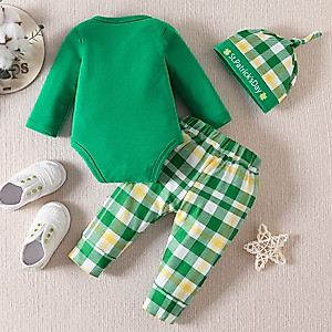 flower frail Infant Baby Boy My first St Patricks Day Outfit Newborn Green Bow Tie Romper Irish Clover Pant Set and Hat 3-6M