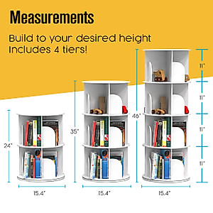 Rotating Bookshelf, Revolving Bookcase, Spinning Book Shelf, 4 Tier, 18.2” W x 50.6” H, White, Wood, 360 Degrees Bookshelves, Floor Stand, Rotation Display Tower, Stackable, Round, for Kids, Children