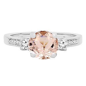 Dazzlingrock Collection 7mm Round Center Morganite & White Diamond 3 Stone Engagement Ring for Women in 18K White Gold, Size 7
