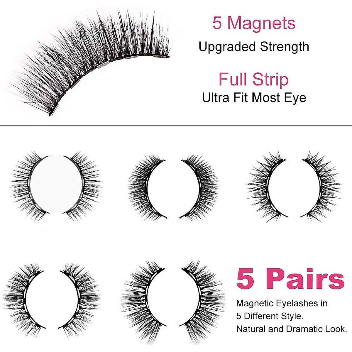 AOMIG Magnetic Eyelashes with Eyeliner Kit, 5 Pairs Natural Look False Eyelashes with Applicator, Waterproof Eyeliner Reusable Fake Lashes for Makeup Eyelashes Extension Black