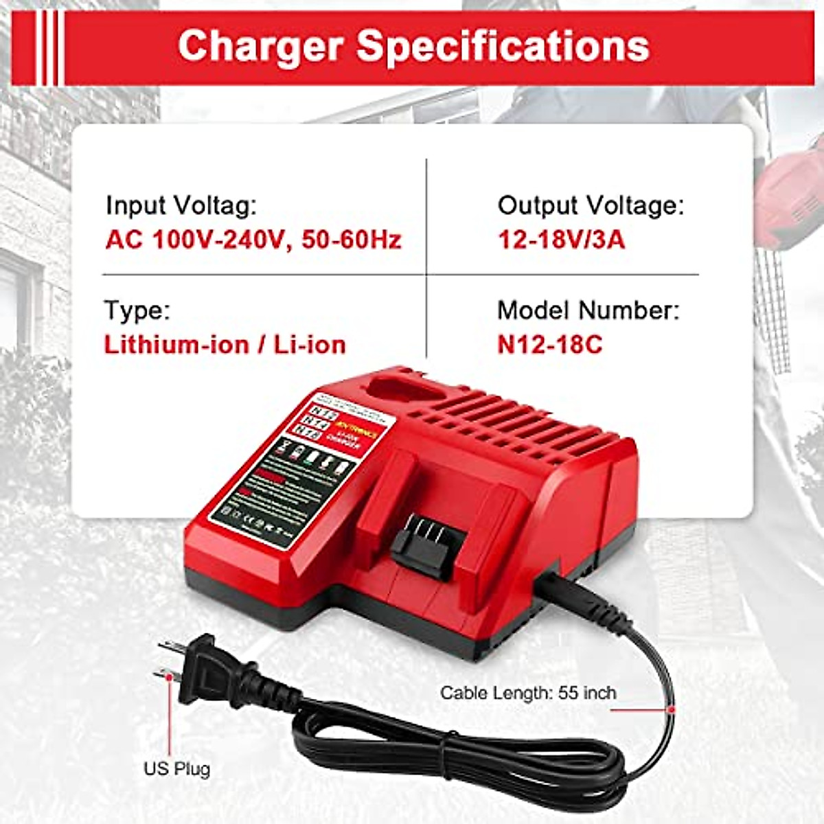 SHGEEN High Output 6000Ah 2Pack M -18 Battery + M-12/M-18 Charger Combo Replacement for Milwaukee M-18 Lithium XC Battery Combo Kit 48-11-1815 48-11-1820