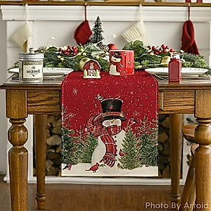 Artoid Mode Snowman Christmas Birds Trees Table Runner, Seasonal Winter Xmas Holiday Kitchen Dining Table Decoration for Indoor Outdoor Home Party Decor 13 x 72 Inch