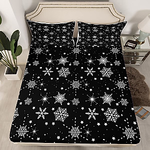 Erosebridal Christmas Bed Sheets Snowflakes Sheet Set for Kids Girls Boys Black and White Bed Sheet Set King Size Magical Glitter Star Flat Sheet Deep Pocket Room Decor with 2 Pillow Cases, Black