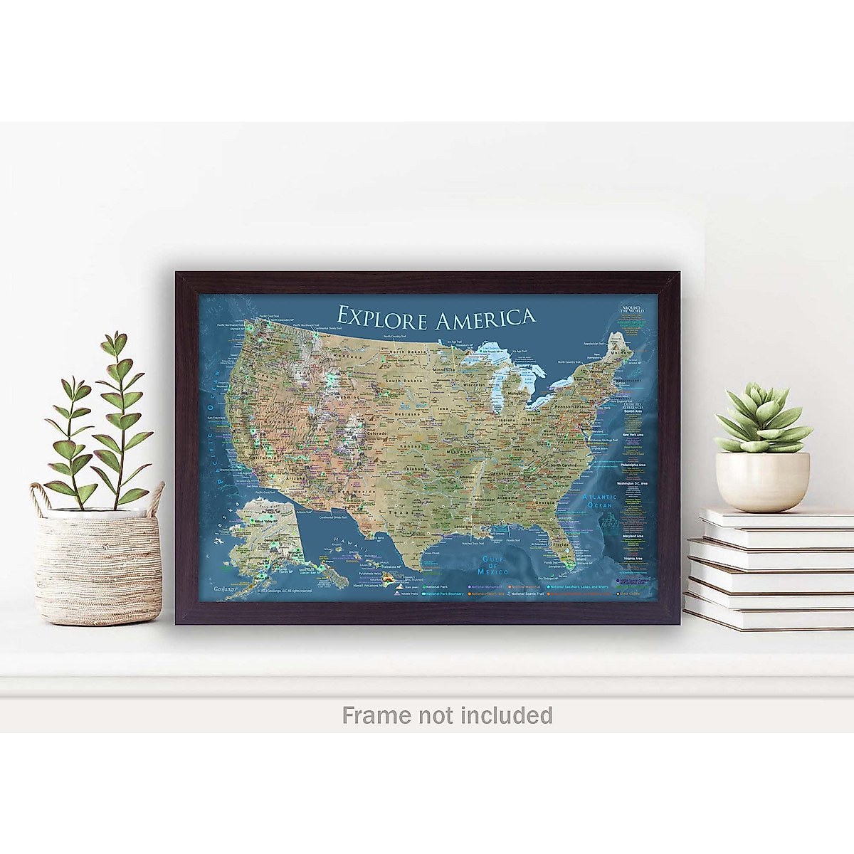 National Parks Poster Map with terrain and USA Interstates, All NPS Sites, Landmarks, Highest Peak by State Poster - 24x18 inch Map - Explore America - Voyager Edition