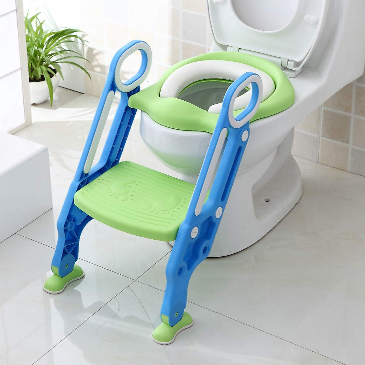 Potty Training Seat with Step Stool Ladder and Handles for Baby Toddler Kid Children Boys and Girls Toilet Training Chair with Padded Soft Cushion and Non-Slip Wide Step (Green Blue)