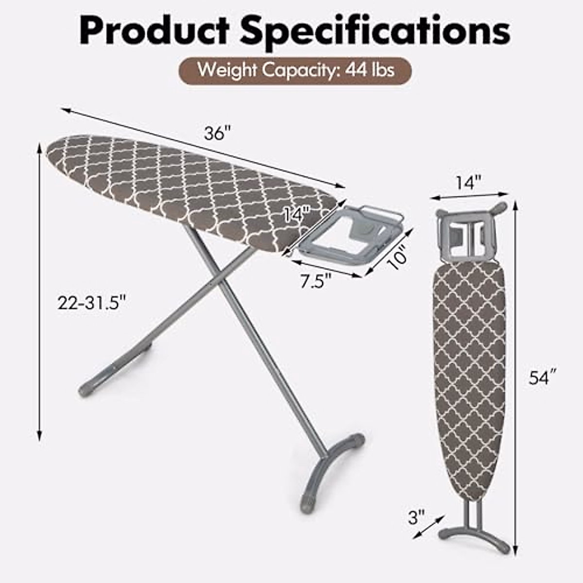 44 x 14 Inch Ironing Board Cover and Pad Extra Thick Heavy Duty Padded with Iron Rest Extra Cotton Cover (Gray)