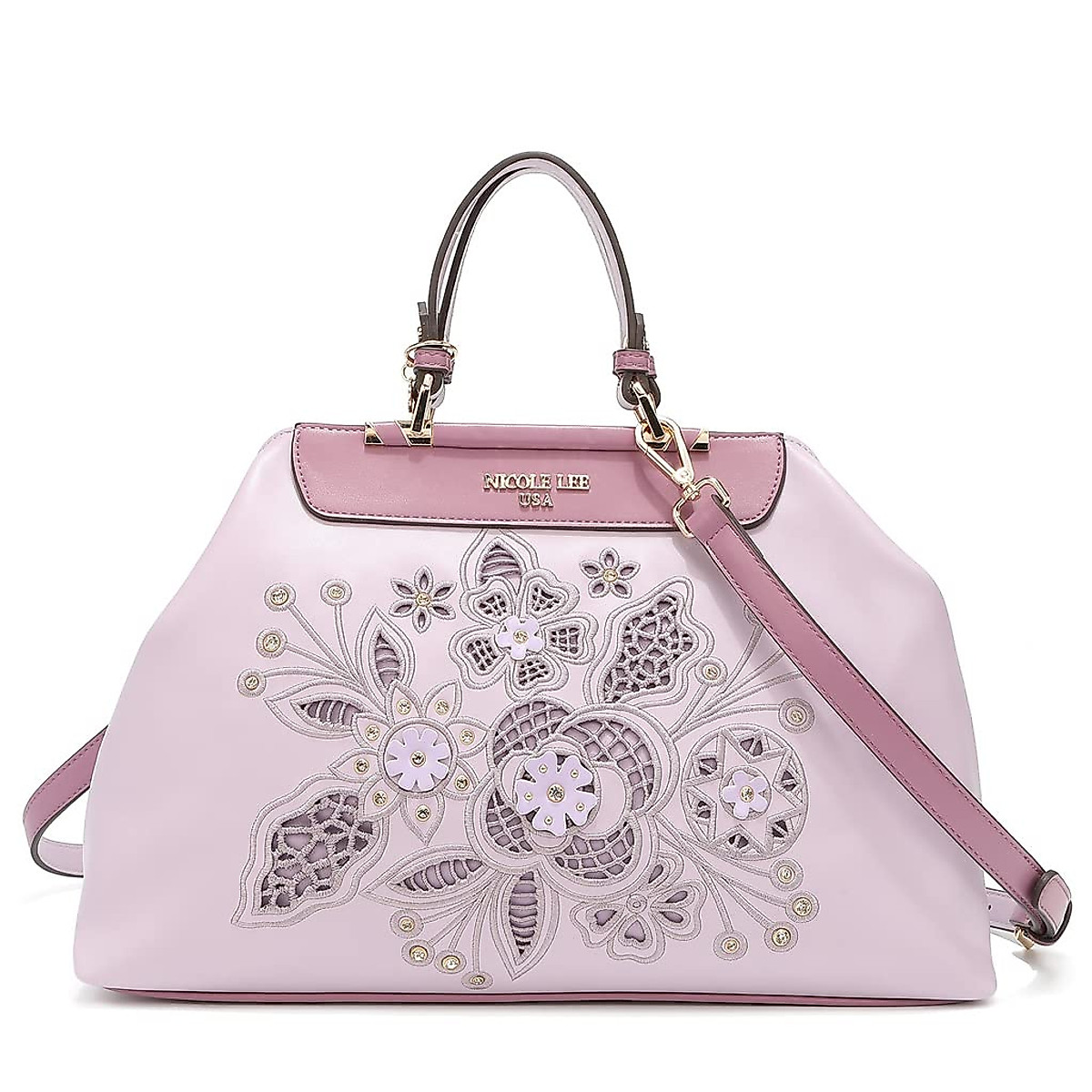 Nicole Lee Cornelia Floral Diamond Embroidered Satchel, Flower Handbag with Optional Crossbody Strap, 3 Compartments (Lavender)