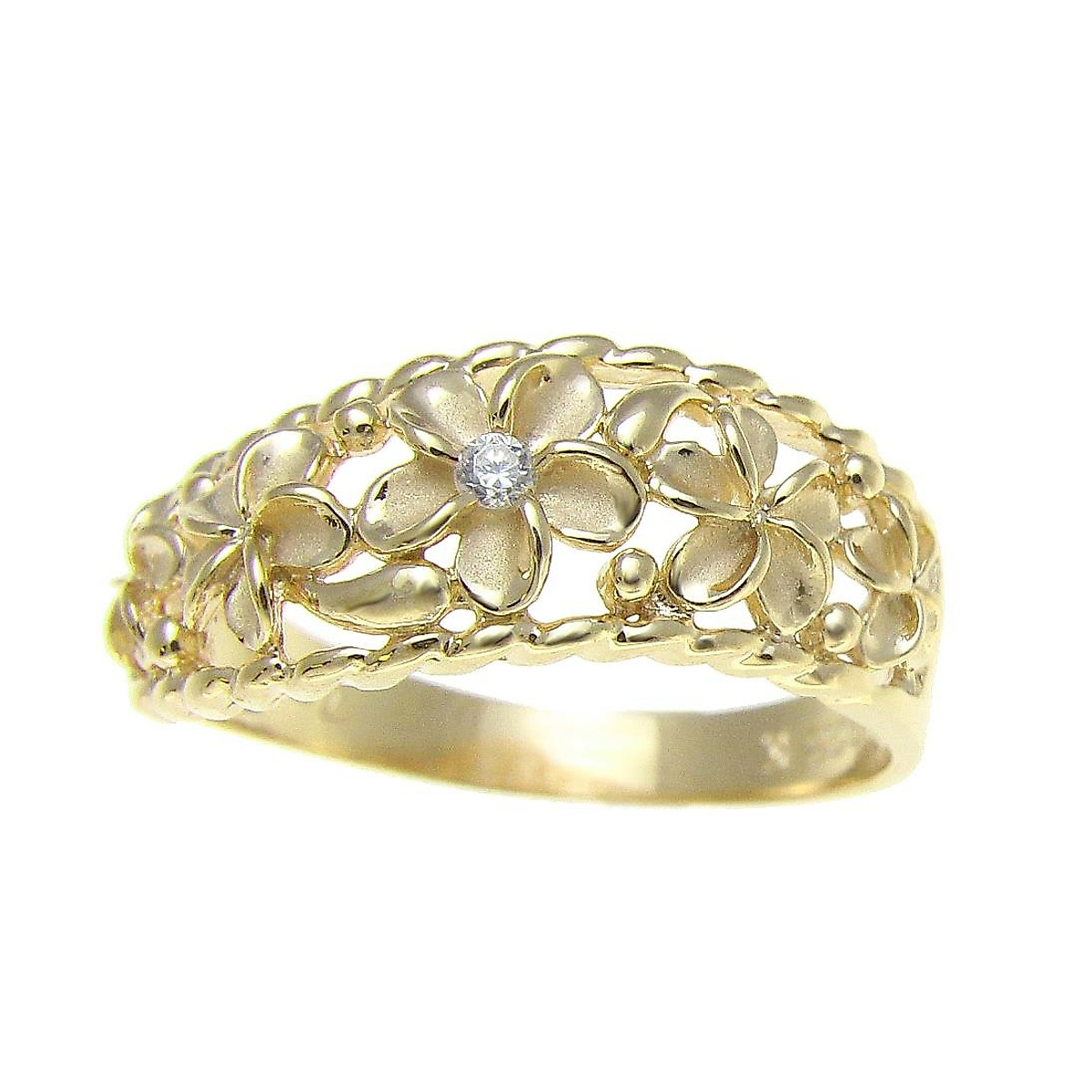 Arthur's Jewelry Yellow gold plated 925 sterling silver 5 Hawaiian plumeria flower cz ring curve style Size 9