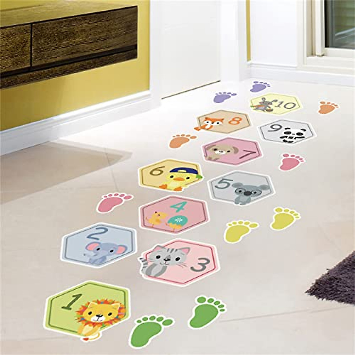 Hopscotch Game Wall Sticker Floor Decal, Cartoon Animal Digital Floor Wallpaper ,Decoration for Baby Kids Room Nursery Kindergarten Classroom Playroom Decor Wall Decor