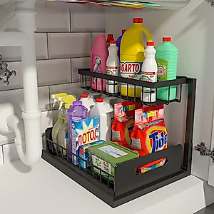 EFLALYHG Sink Organizer with Sliding Bottom Design Kitchen Organizer, Double Under Sink Bathroom Organizer, 2 Tier Pull Out Sliding Cabinet Organizer