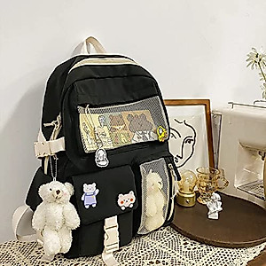 Zitouryo Kawaii Backpack with Cute Bear Plush Cute Pin Accessories Large Capacity Aesthetic School Bags College Backpack for Girls Teen (Black Bookbag)