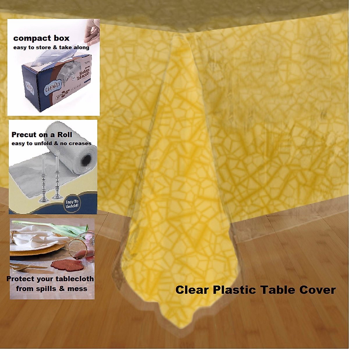Clearly Elegant Clear Disposable Plastic Table Covers, Pack of 16 Tablecloths, Each Measures 68" x 108", Fits 8 Feet Rectangle Table, Clear