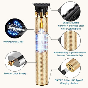 XASMA Professional Hair Clippers for Mens Zero Gapped Cordless Hair Trimmer Professional Haircut & Grooming Kit for Men Rechargeable LED Display (Gold)