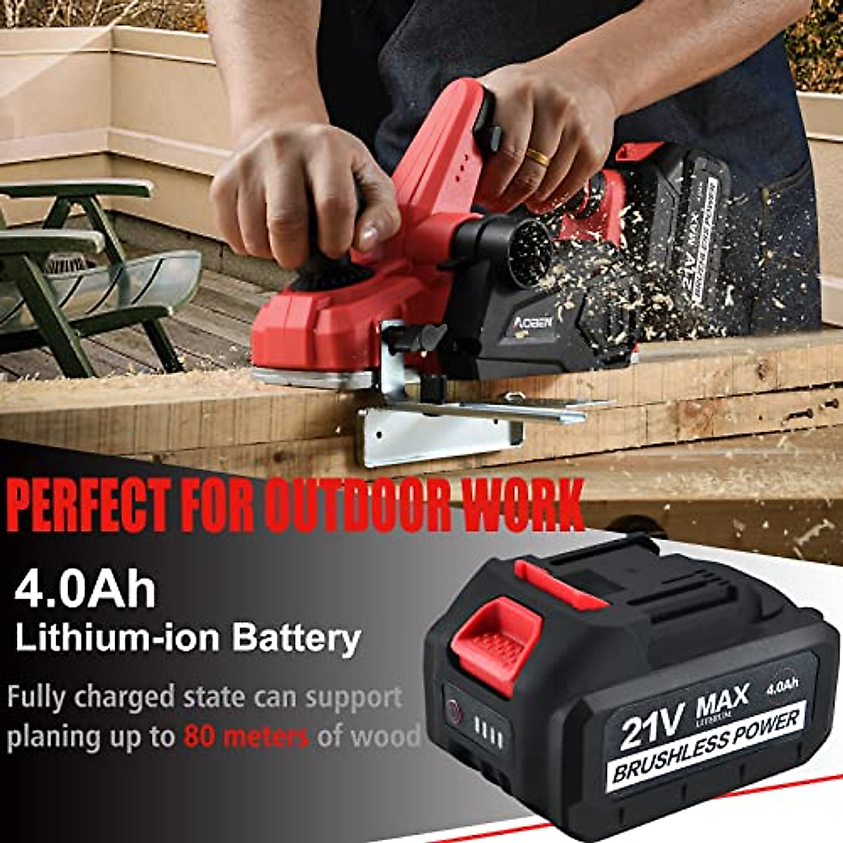 AOBEN Cordless Electric Hand Planer 21V, 16000Rpm 3-1/4-Inch Wood Planer, Li-ion Battery and Charger, Adjustable Planing Depth Power Planer for Woodworking Chamfer Home DIY