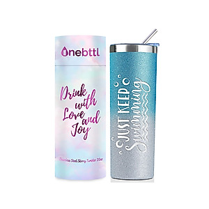Onebttl Swimming Gifts, Swimmer Stainless Steel Skinny Tumbler for Women, Teen Girls, Teammate, Coach (20oz, Glitter Silver & Blue)-Just Keep Swimming
