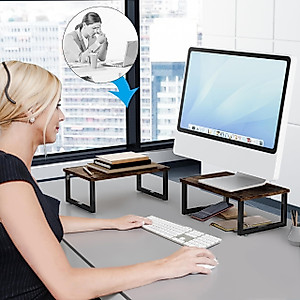 Ekisemio Monitor Stand Riser, 2-Pack Wood Desk Storage Organizer for Office Laptop, Computer, iMac, Antique Brown