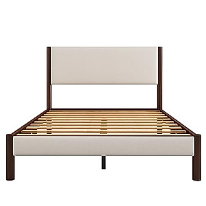 Merax Modern Farmhouse Solid Wood Platform Bed with Upholstered Headboard, Queen Bed Frame/No Box Spring Needed, Rich Walnut