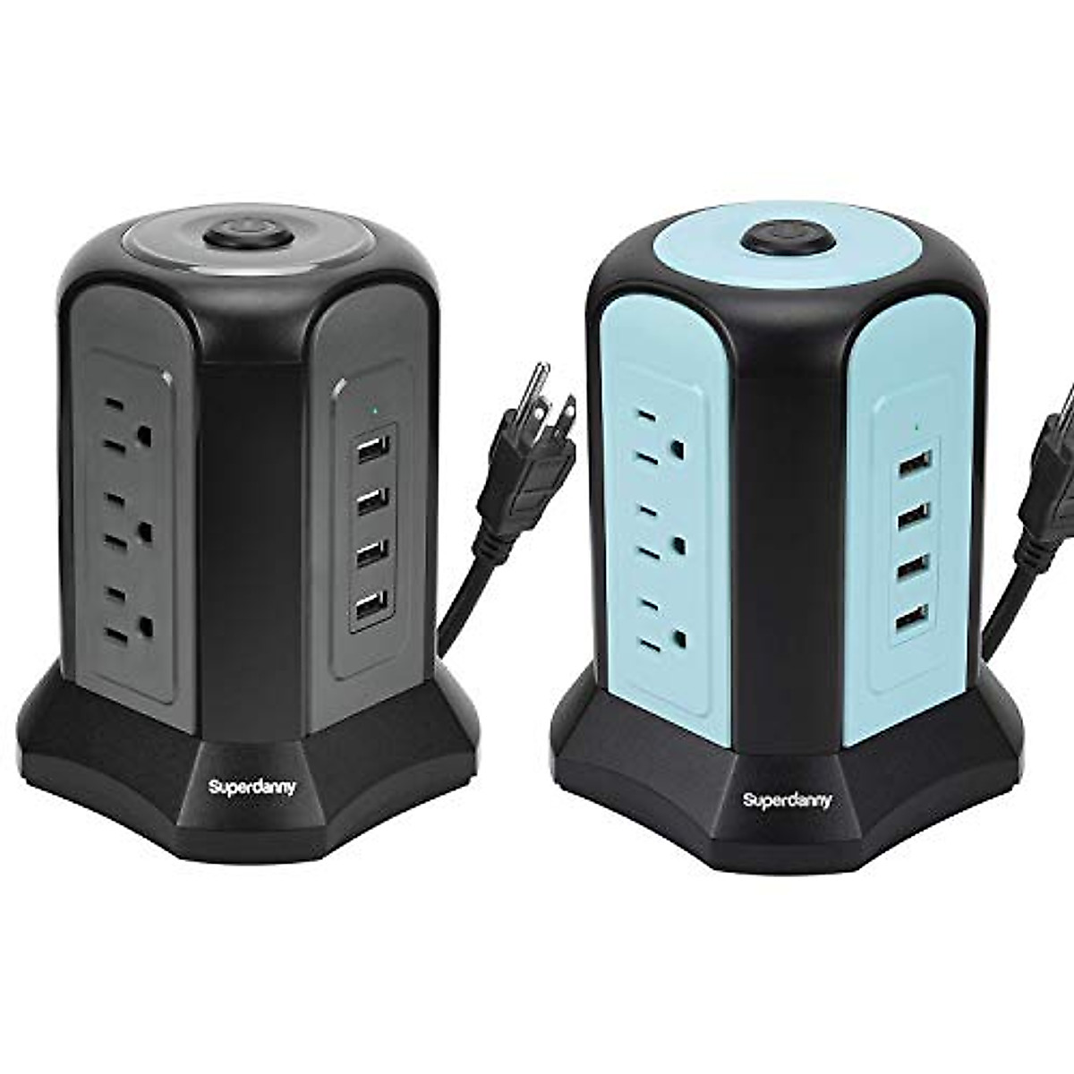 SUPERDANNY 9.8ft USB Power Strip Tower Surge Protector with 9 Outlet 4 USB 1080J Surge Protection, 2Pack, Black & Blue