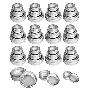 LJY 48 Pieces Round Metal Tins Empty Aluminum Cans Storage Containers Screw Lids with Clear Window, Mixed Sizes