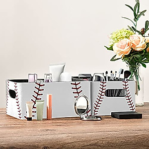 Kcldeci Red Stitching Baseball Storage Bins Baskets for Organizing 2Pack, Sport Ball White Sturdy Storage Basket Foldable Storage Baskets for Shelves Closet Nursery Toy