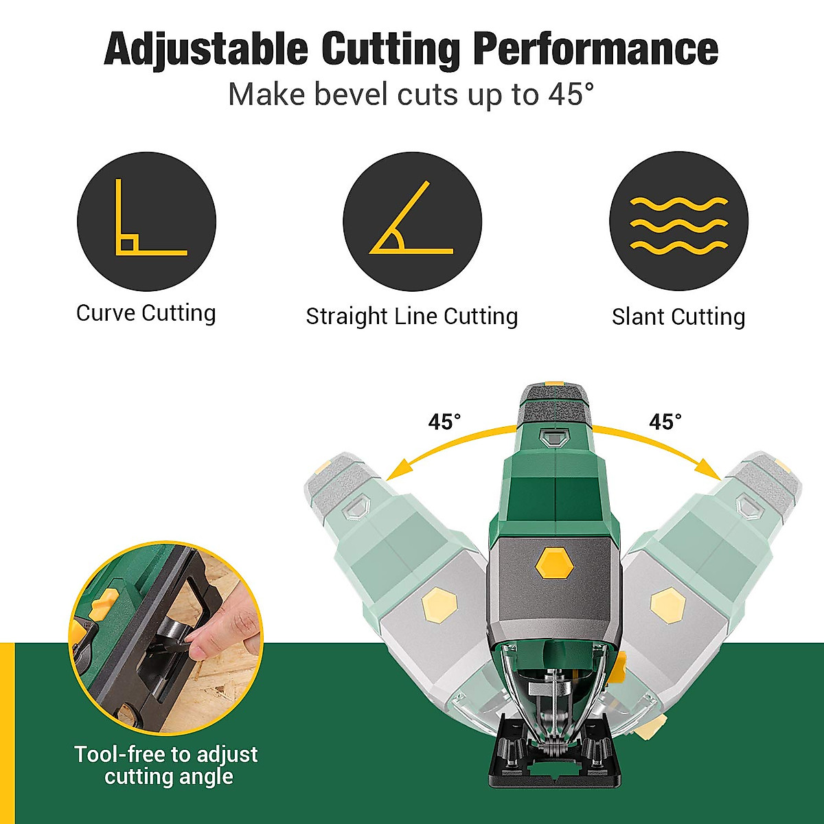 Jigsaw, TECCPO 6.5 Amp 3000 SPM Jig Saw with Laser, 6 Variable Speed, 6 Blades, ±45° Bevel Cutting, 4 Orbital Settings, Pure Copper Motor, with Carrying Case - TAJS01P