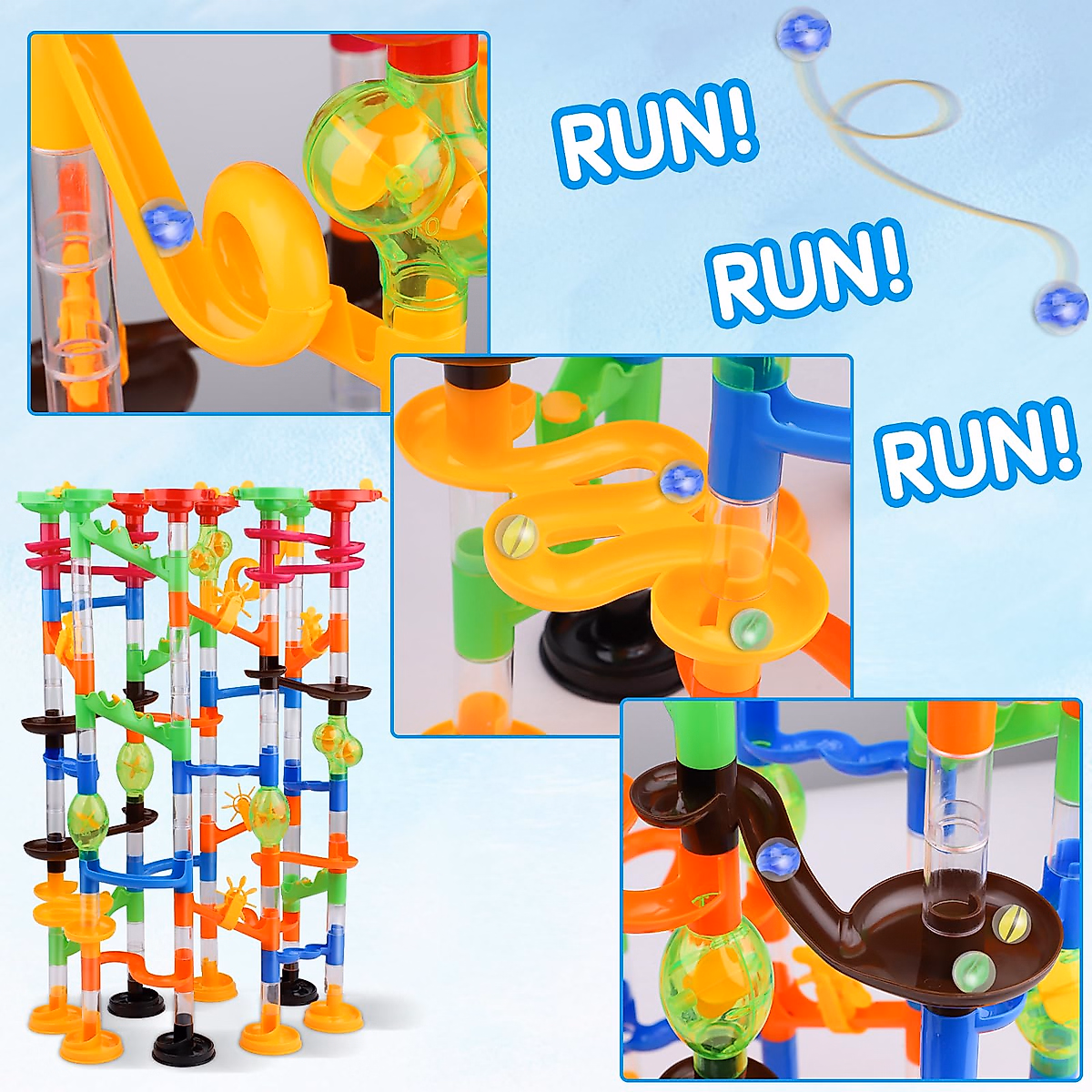 Gifts2U Marble Run Toy,168Pcs Educational Construction Maze Block Toy Set, STEM Learning Building Block Toy for Kids and Parent-Child Game(136 Translucent Plastic Pieces + 32 Glass Marbles)