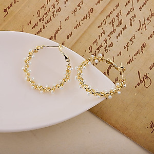 Kemstone Gold Hoop Earrings, 925 Silver Post Freshwater Pearls Hoop Earrings for Women