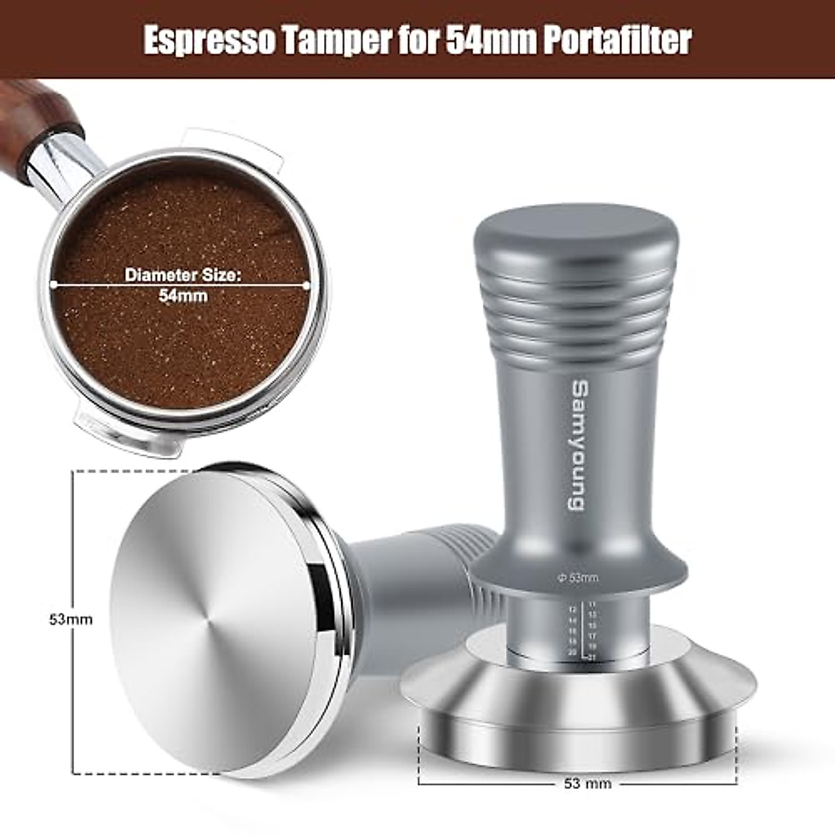 Samyoung Espresso Tamper 53mm Coffee Tamper with 30lbs Calibrated Spring-loaded Stainless Steel Espresso Coffee Tamper Flat Base Fits for Barista Coffee Lover Espresso Machine (53mm)