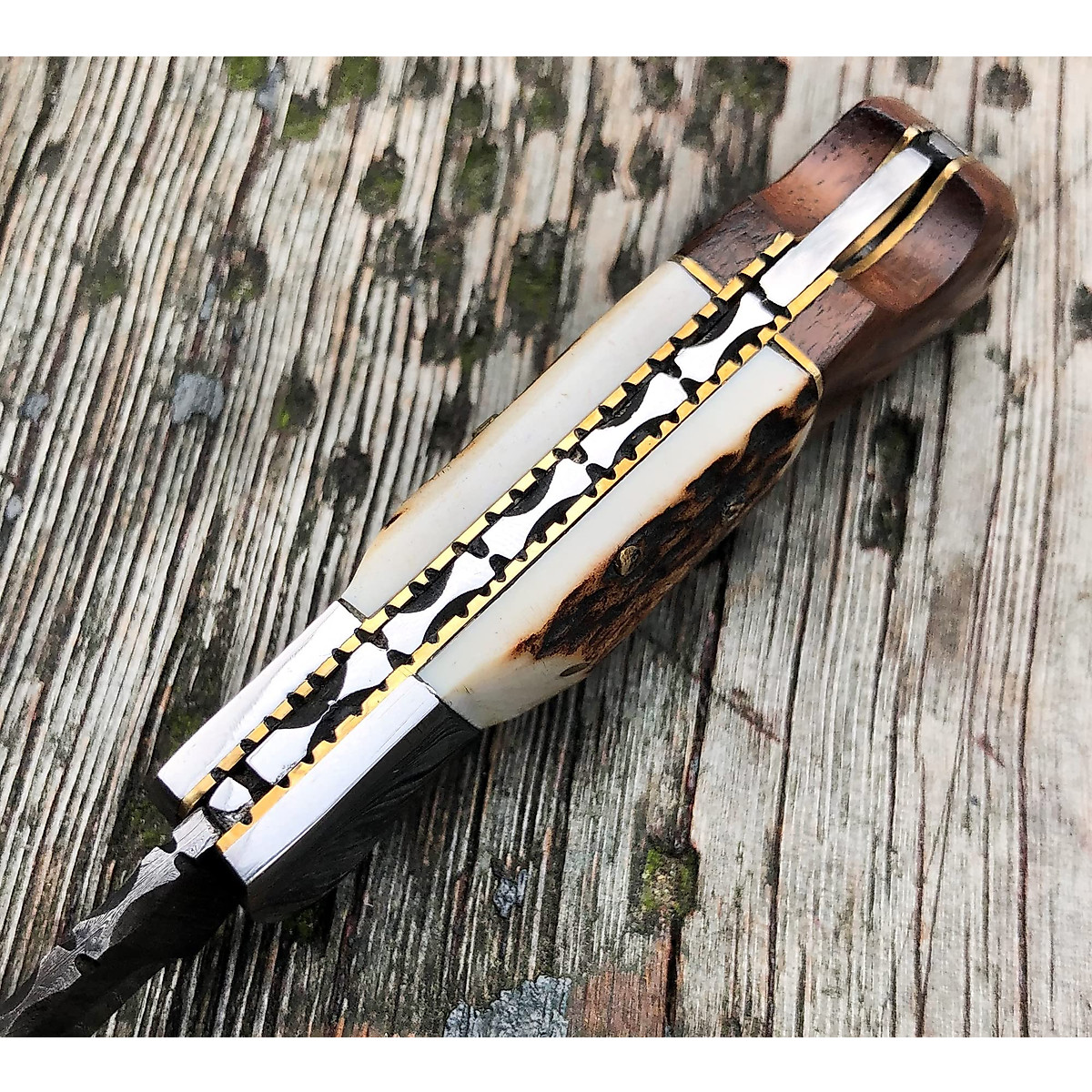 WINTERFELL Personalized Damascus Steel Pocket Folding Knife Stag Antler Handle 6.5", Customized Gift for Husband Dad, Custom Groomsmen Gifts, Best Man Gifts for Wedding