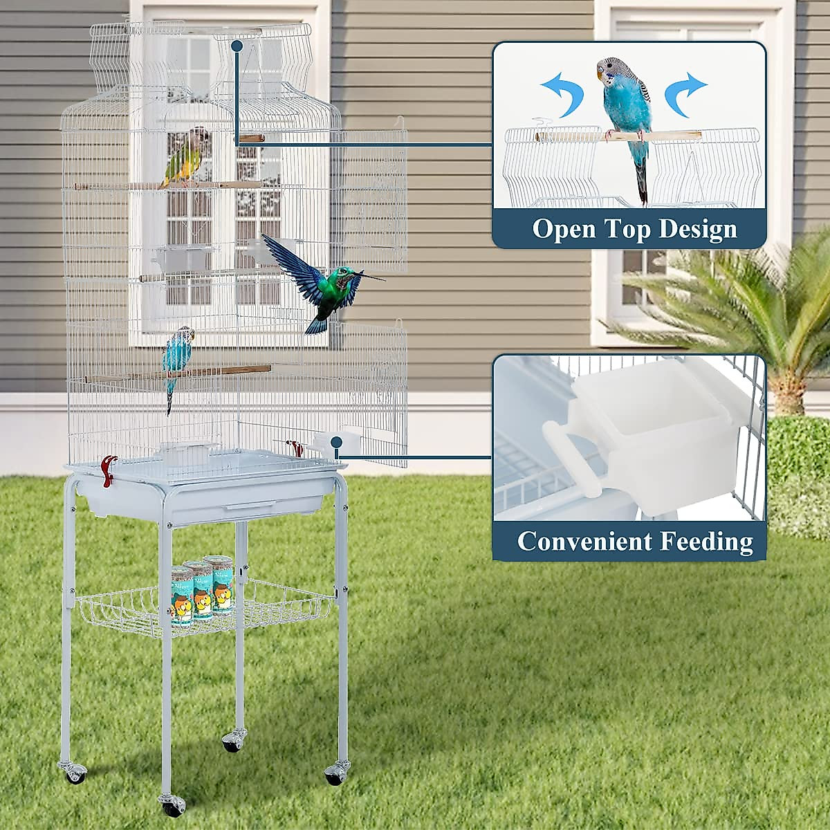 Bird Cages for Parakeets Cockatiels Lovebirds Macaw Conure, Large 64 Inch Open Top Parakeet Cage with Stand & Storage Shelf, White Wrought Iron Flight Pet House