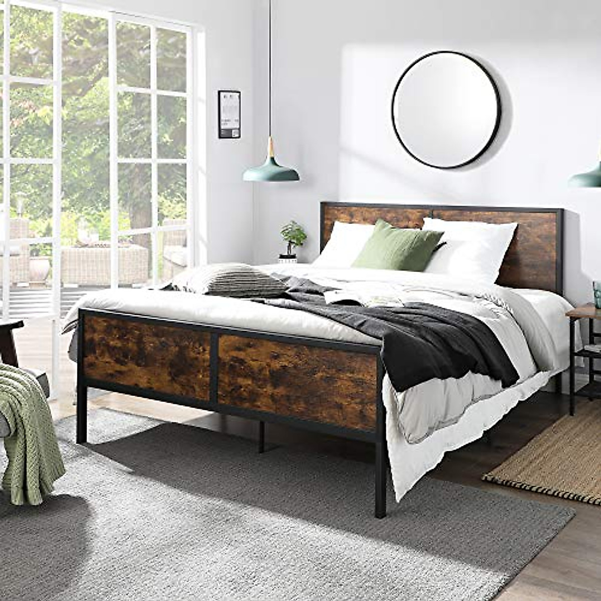 VASAGLE Queen Size Metal Bed Frame with Headboard, Footboard, No Box Spring Needed, Platform Bed, Under-Bed Storage, Industrial Style, Rustic Brown and Black URMB001B01