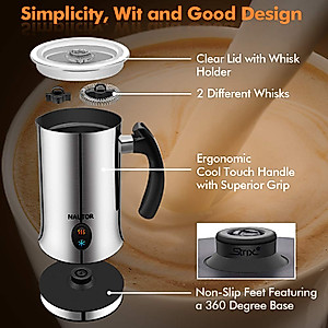 NAUTOR Milk Frother, Electric Milk Frother with Hot or Cold Functionality, Foam Maker, Silver Stainless Steel, Automatic Milk Frother and Warmer for Coffee, Cappuccino and Matcha