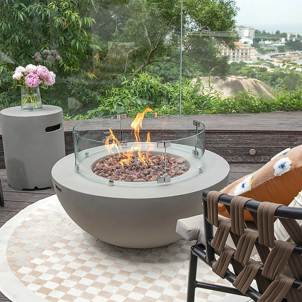 Roca Concrete Fire Pit 34" x 34" Outdoor Patio Firepit Includes Lava Rocks Modern Fire Pits & Outdoor Fireplaces for Garden, Deck, Indoor & Outdoor Heating