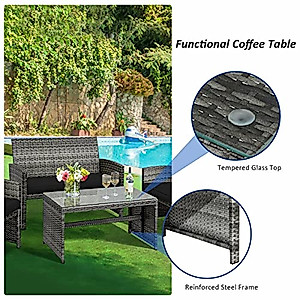 WYKDD 4PCS Patio Rattan Furniture Set Conversation Glass Table Top Sofa Cushioned Loveseat Single Chairs