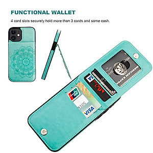 Vaburs Compatible with iPhone 12 and iPhone 12 Pro Case with Wallet Card Holder,Embossed Mandala Pattern Flower PU Leather 4 Card Slots Kickstand Shockproof Flip Cover 6.1 Inch(Green)
