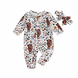 Karuedoo Western Baby Girl Clothes Cow Print Long Sleeve Romper Jumpsuit Zip Up Onesie Bodysuit Headband Cute Cow Outfit (A Beige, 0-3 Months)